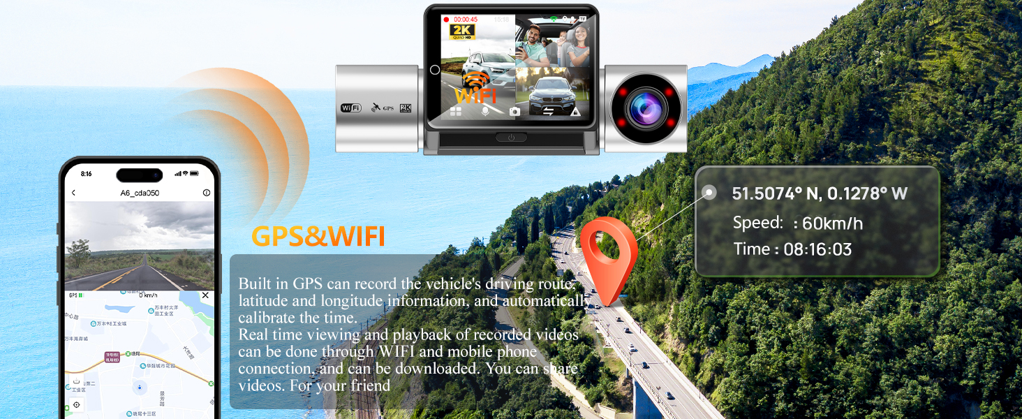 3 channels 2K Car Camera Wifi Gps ADAS dash cam Asawin 2.45" Touch Ips ...