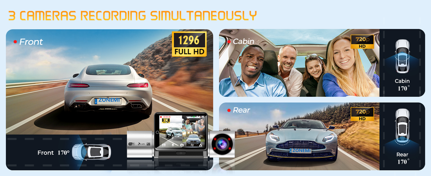3 channels 2K Car Camera Wifi Gps ADAS dash cam Asawin 2.45" Touch Ips ...