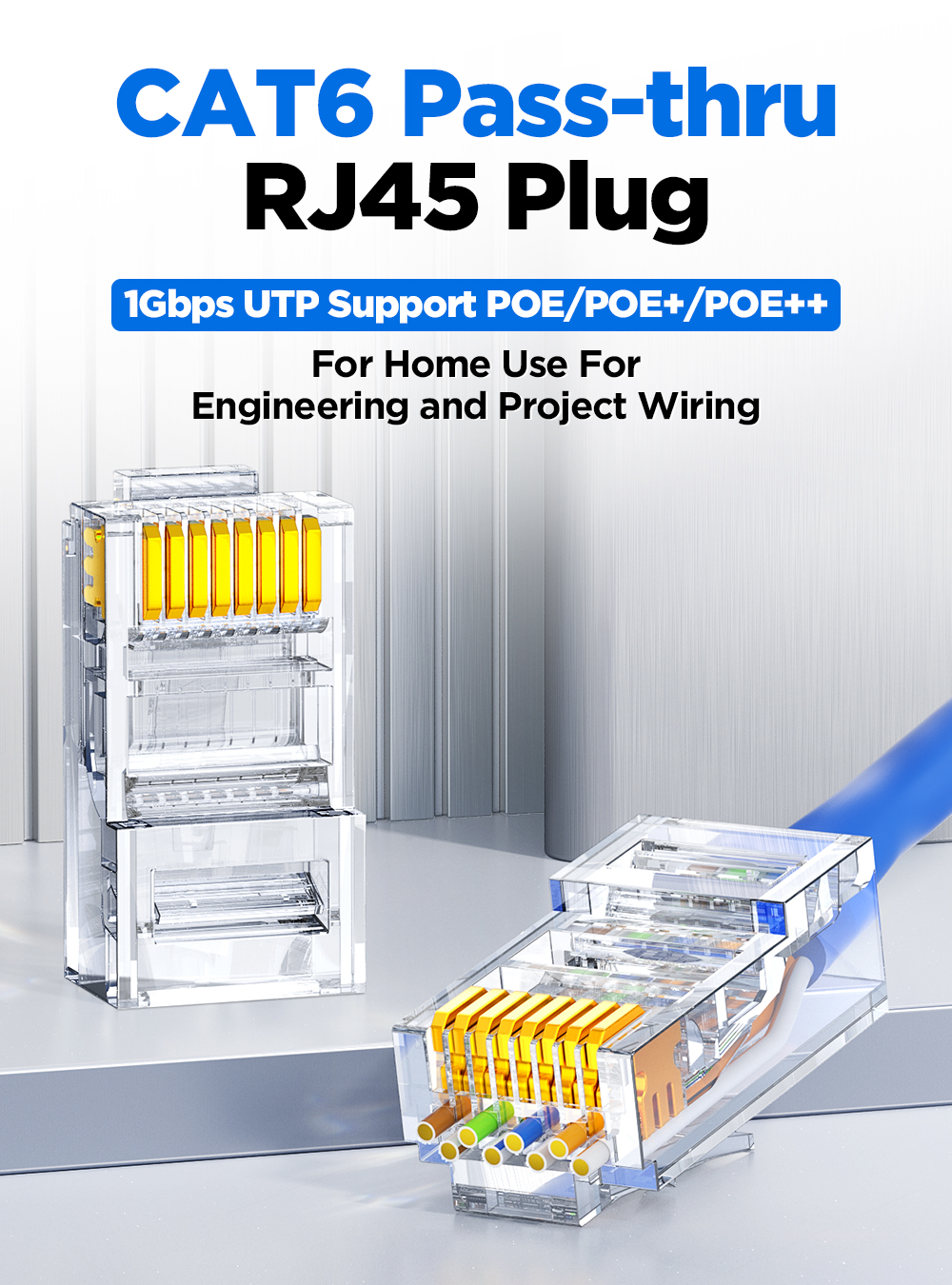 AMPCOM CAT6 RJ45 Connector Plug Pass-Through UTP Modular Plug 3μ Gold ...