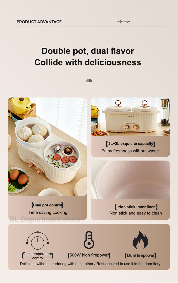 Multifunctional Dual Electric Cooker 2L+2L Large Capacity Home ...