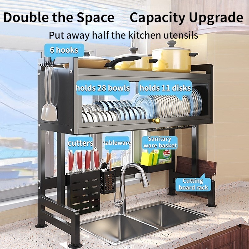 2-Layer Stainless Steel Tableware Rack with Lid 65/75/85/95/105cm Cross ...