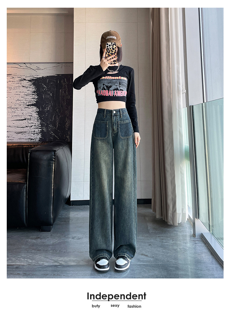 Korean Version High Waist Wide Leg Jeans Women New Style Fake Pocket