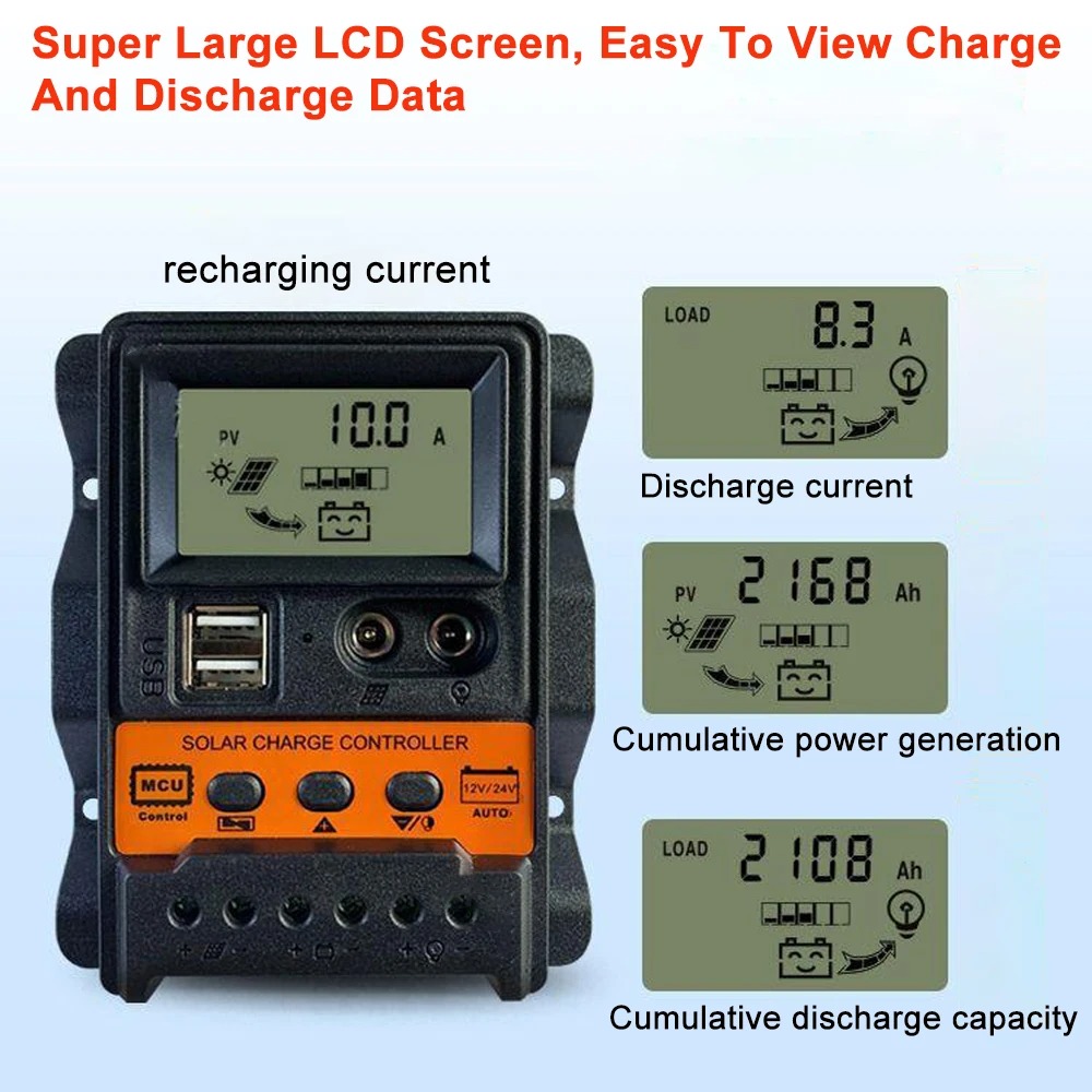 PowMr 30A 20A 10A PWM Solar Charge Controller Dual 5V USB LCD Display Solar Panel Solar ...