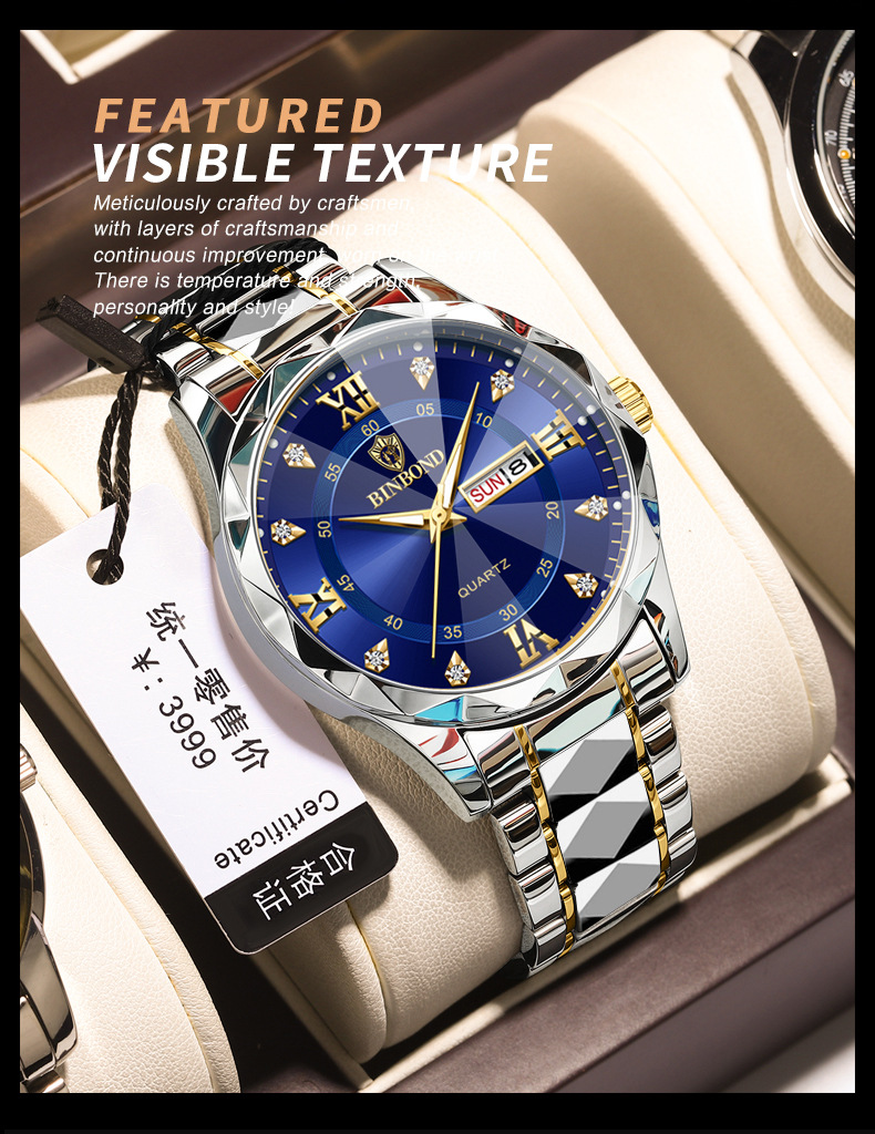 BINBOND Gold Watch For Men Waterproof Original Relo Calendar Luminous ...