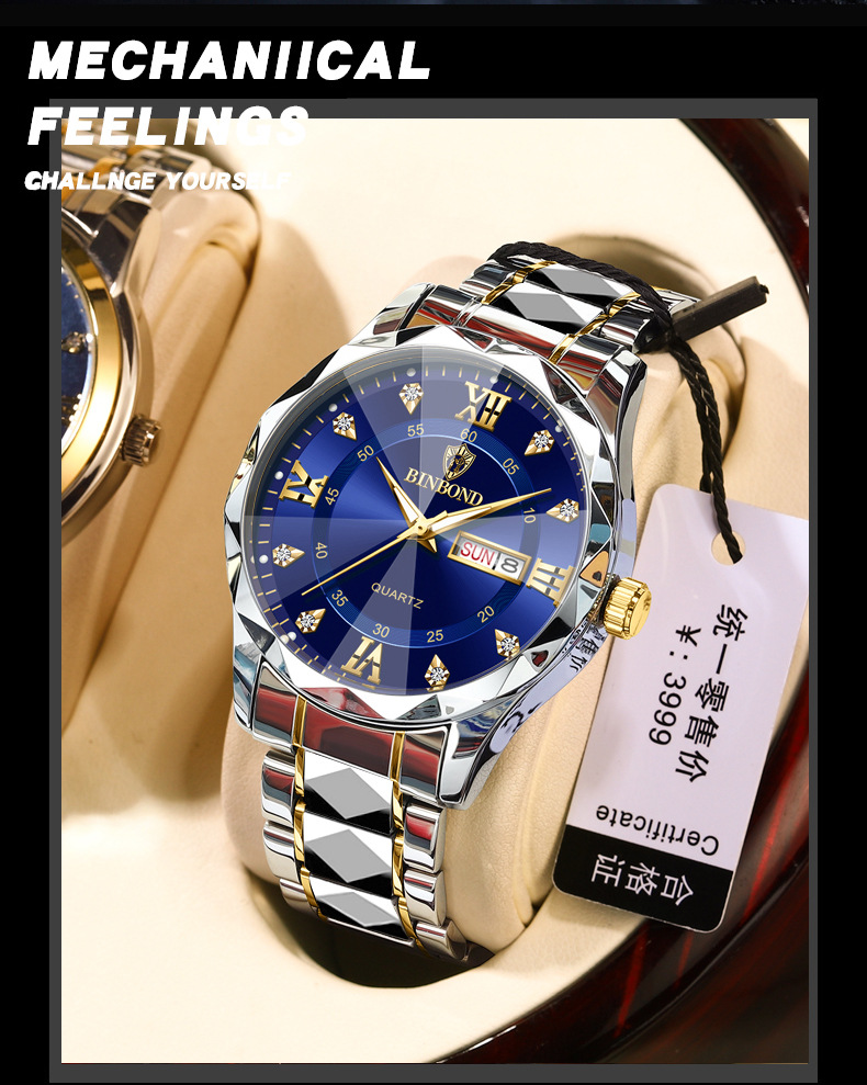 BINBOND Gold Watch For Men Waterproof Original Relo Calendar Luminous ...