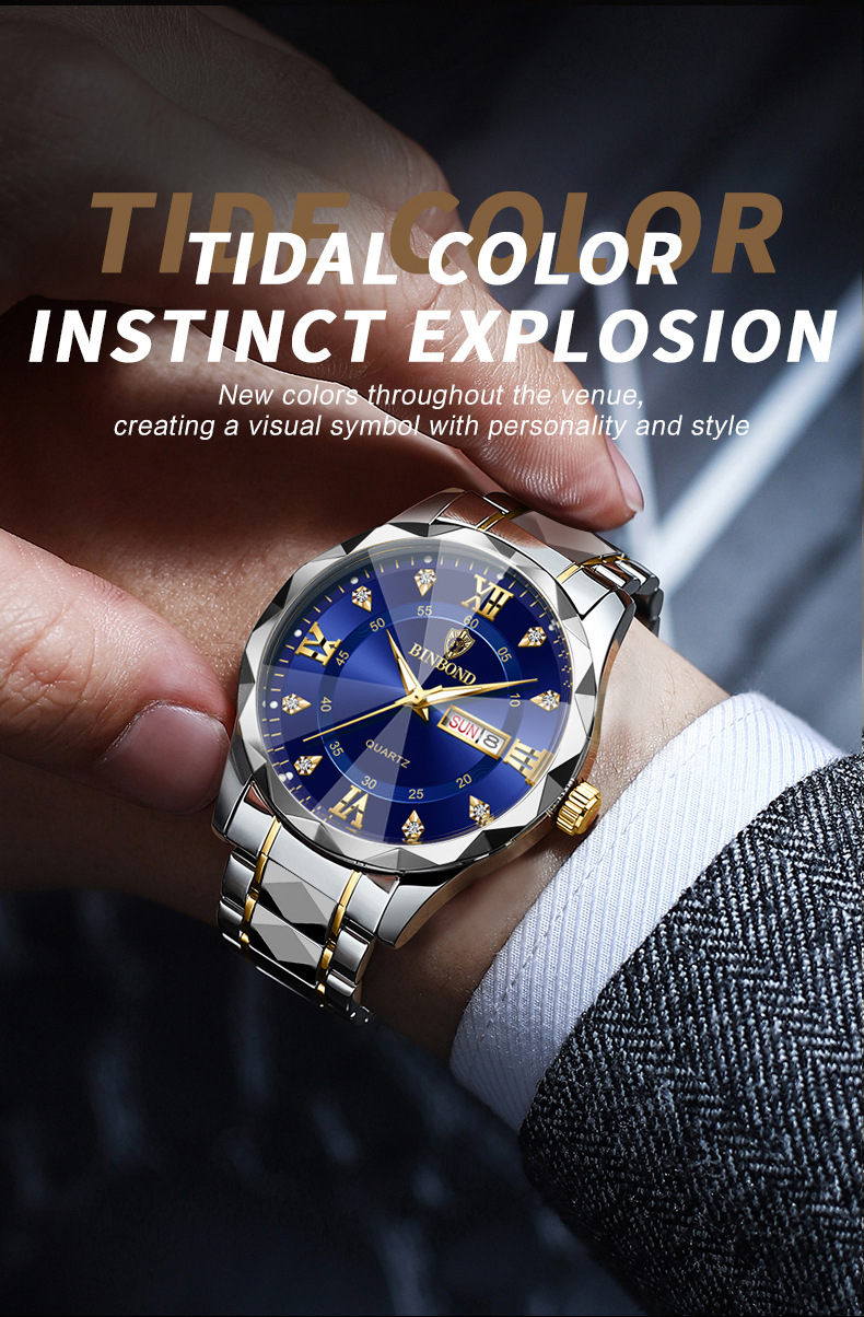 BINBOND Gold Watch For Men Waterproof Original Relo Calendar Luminous Luxury Stainless Watches ...