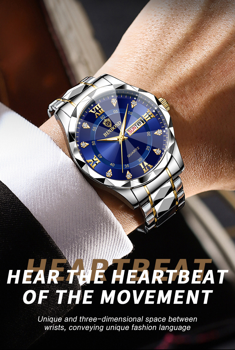 BINBOND Gold Watch For Men Waterproof Original Relo Calendar Luminous Luxury Stainless Watches ...