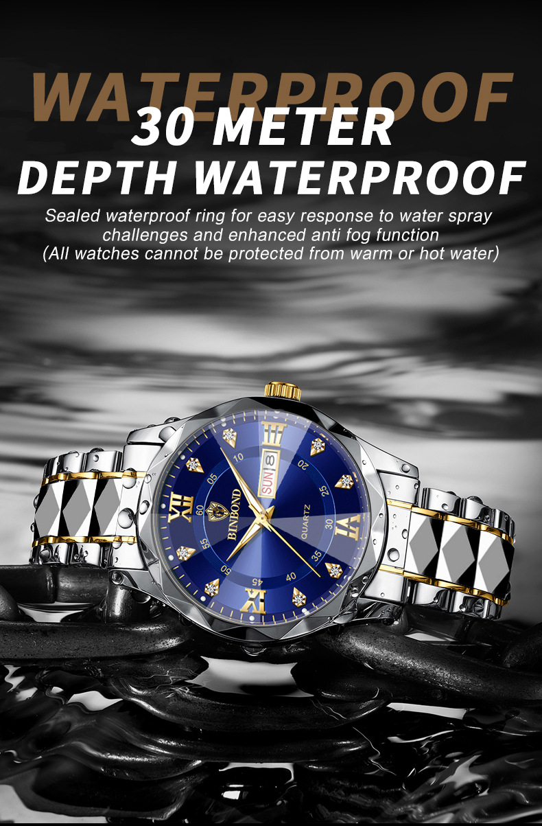 BINBOND Gold Watch For Men Waterproof Original Relo Calendar Luminous ...