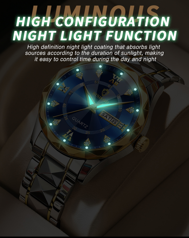 BINBOND Gold Watch For Men Waterproof Original Relo Calendar Luminous ...