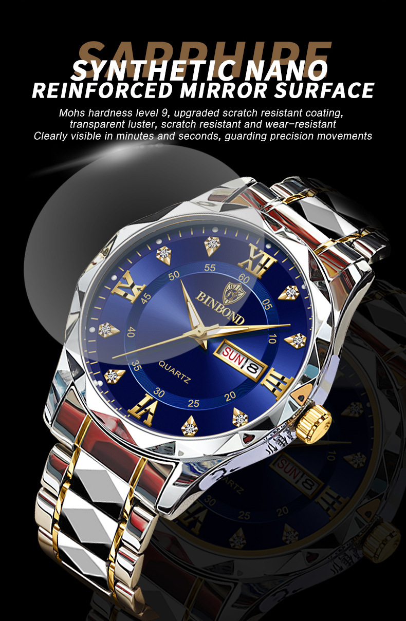 BINBOND Gold Watch For Men Waterproof Original Relo Calendar Luminous ...