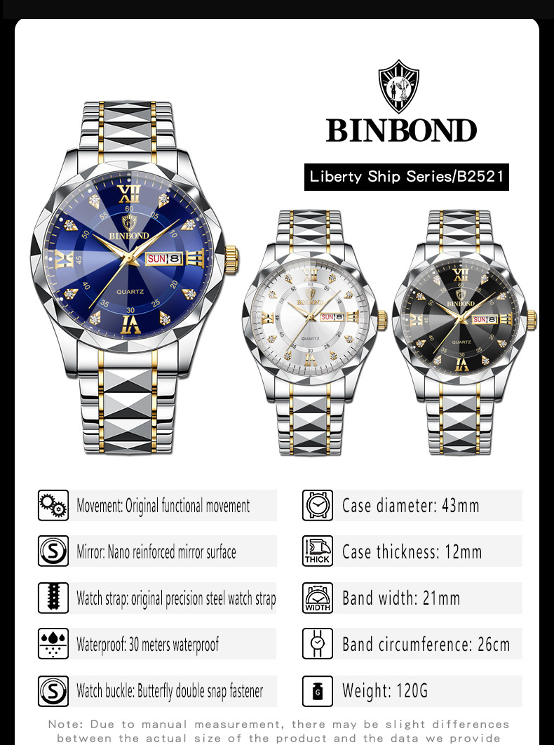 BINBOND Gold Watch For Men Waterproof Original Relo Calendar Luminous ...