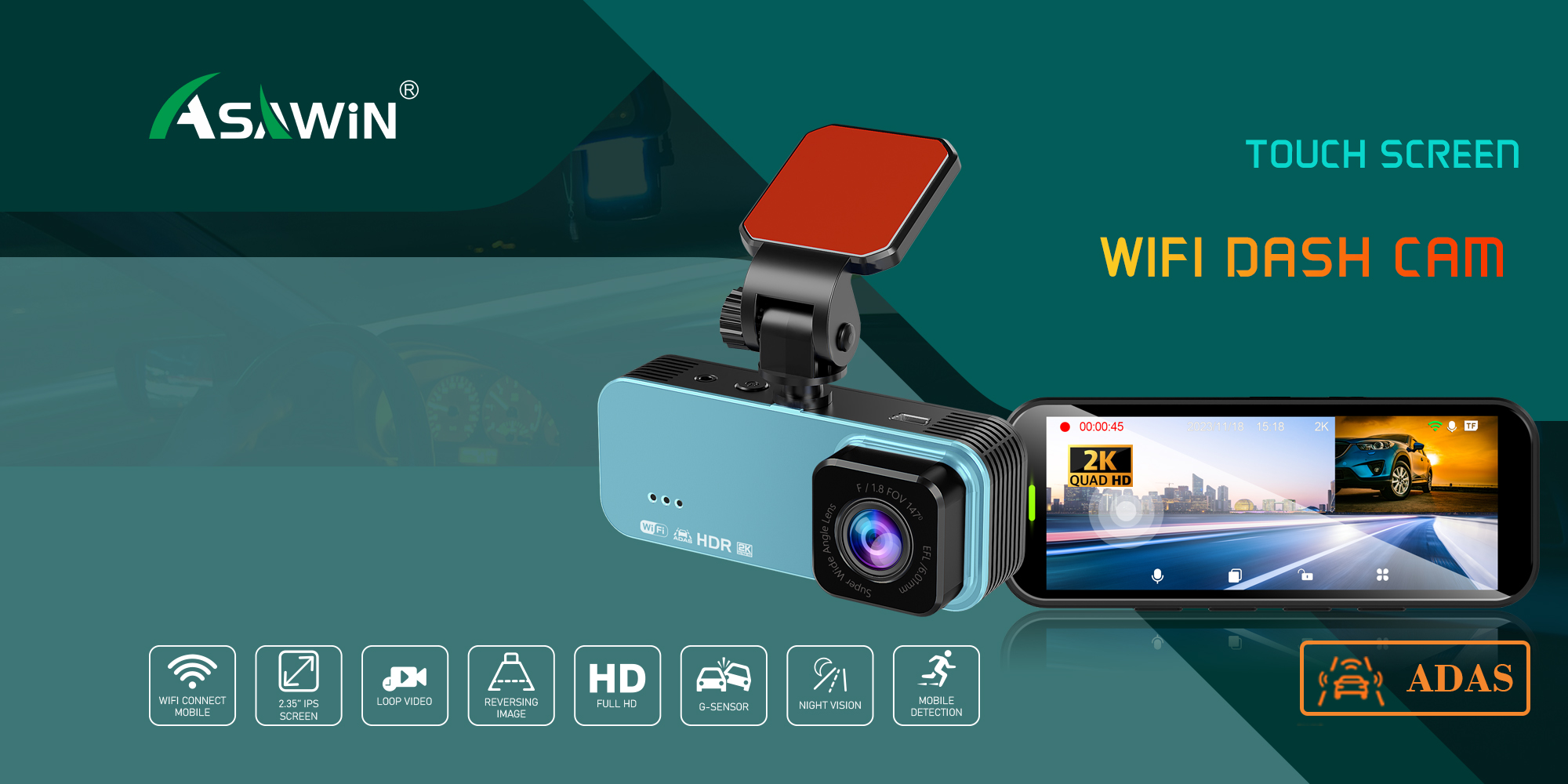 Asawin A4M Ultra HD 2K Dashcam Wifi Car Camera ADAS 2 Channel Front ...