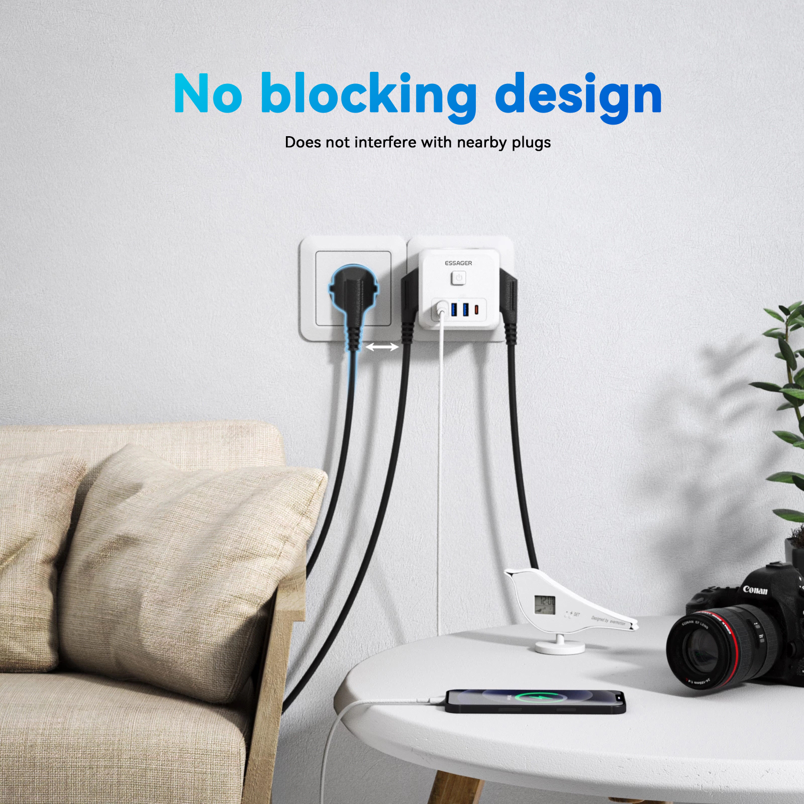 ESSAGER EU interface 7-in-1 Travel Adapter Charger 3 EU AC + 3 USB + 1 ...