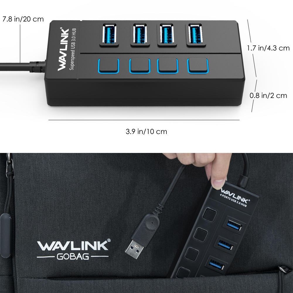 WAVLINK 4-Port USB 3.0 Hub with Individual Switches & LEDs 5Gbps Data ...