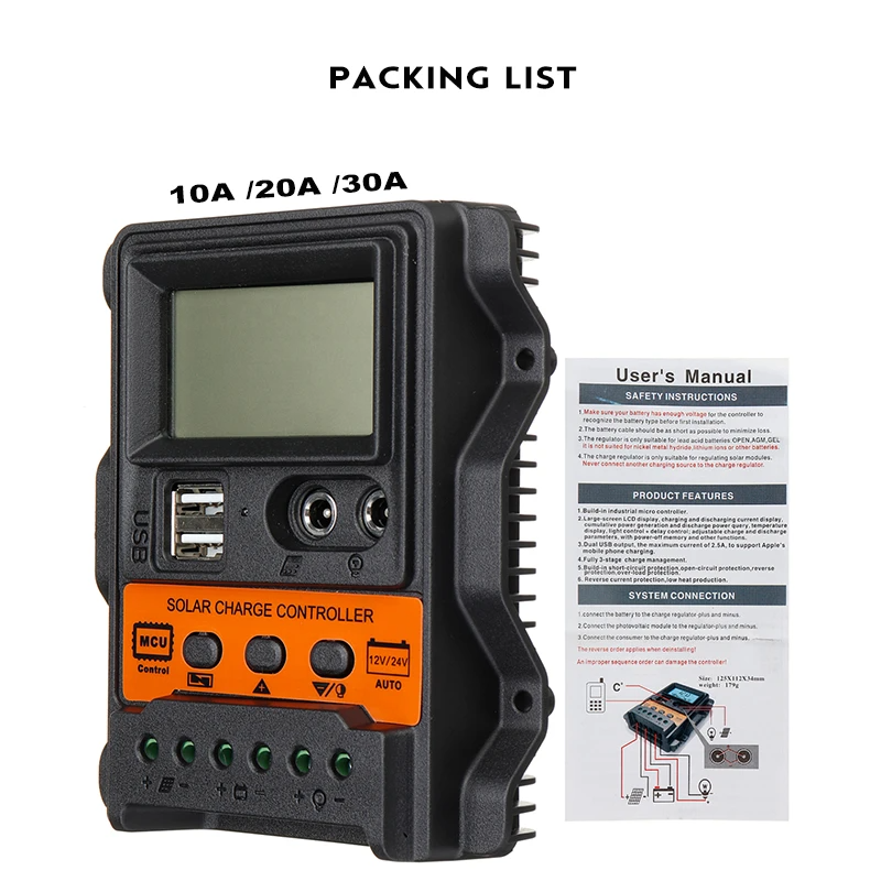 PowMr PWM 30A 20A 10A Solar Charge Controller Dual USB 5V LCD Display Solar Panel 12/24V Auto ...