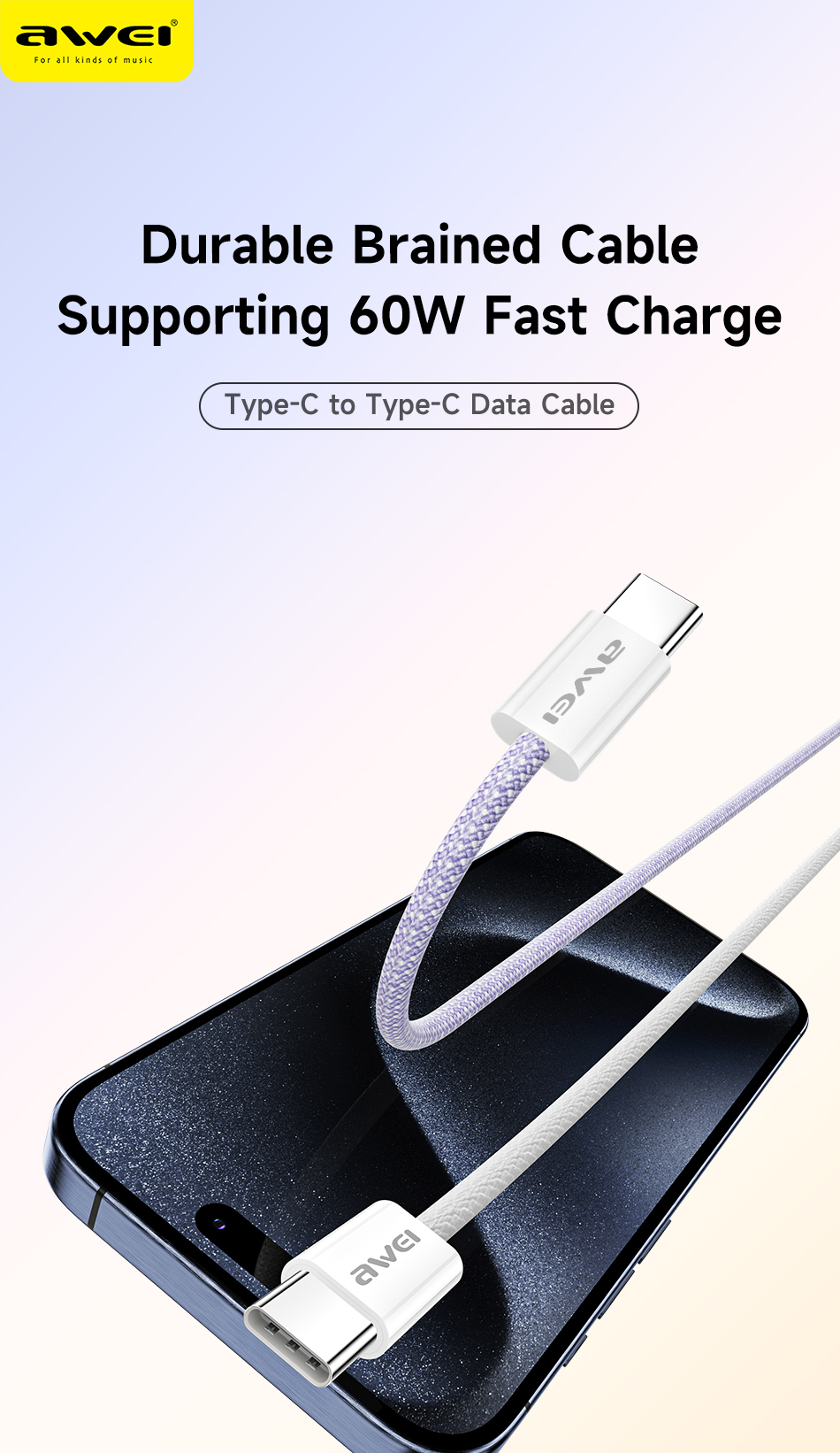 Awei CL-219T Cable Type c Fast Charging 60W 1M For Phone 15 Series 35W ...