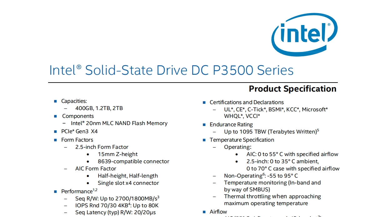 Intel DC P3500 Series 800GB 1.2TB 2TB 2.5" U.2 PCIE 3.0 x4 NVME MLC Internal Solid State Drive ...