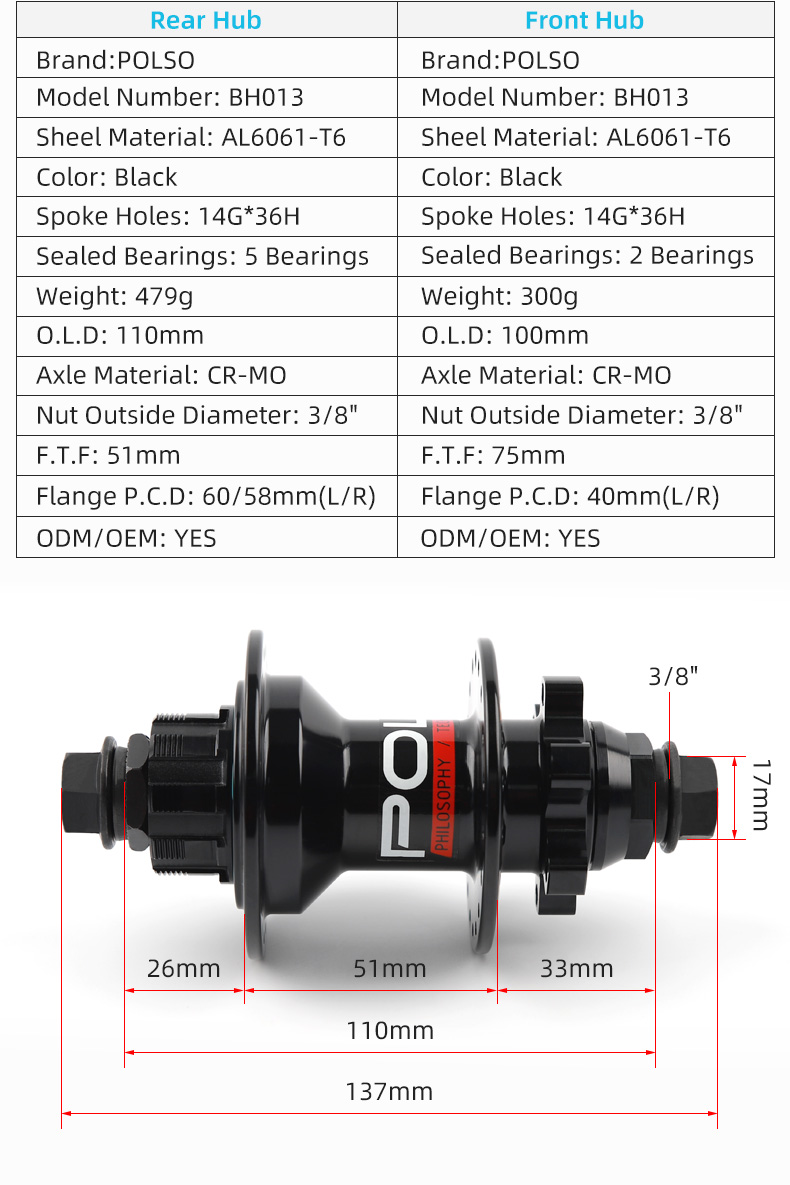 POLSO BH013 BMX Racing Hub 36 Holes 100/110mm Front and Rear Hub ...