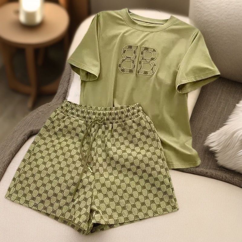 【Carin&Katia】Girls Suit Retro Round Neck Pullover Short-Sleeved Shorts ...