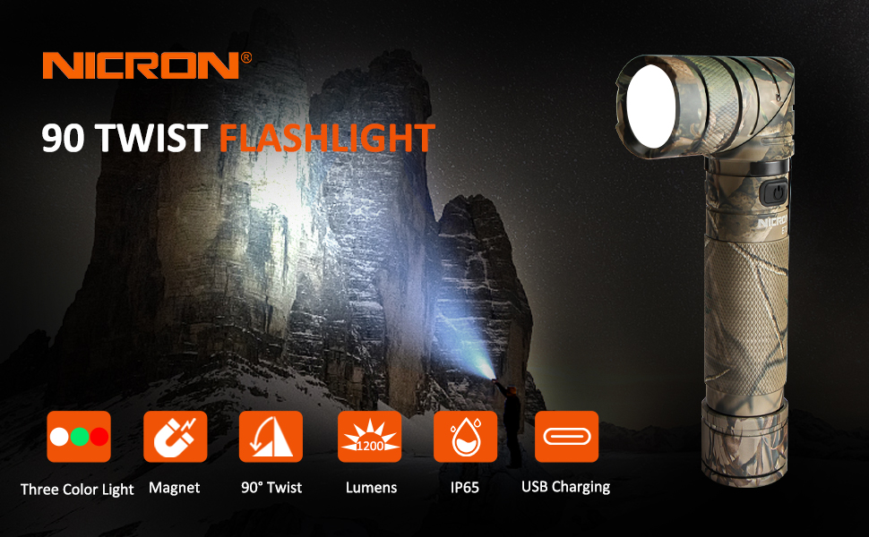 NICRON B70/B70 Plus Flashlight 90° Twist Rechargeable Flashlight Rotary ...
