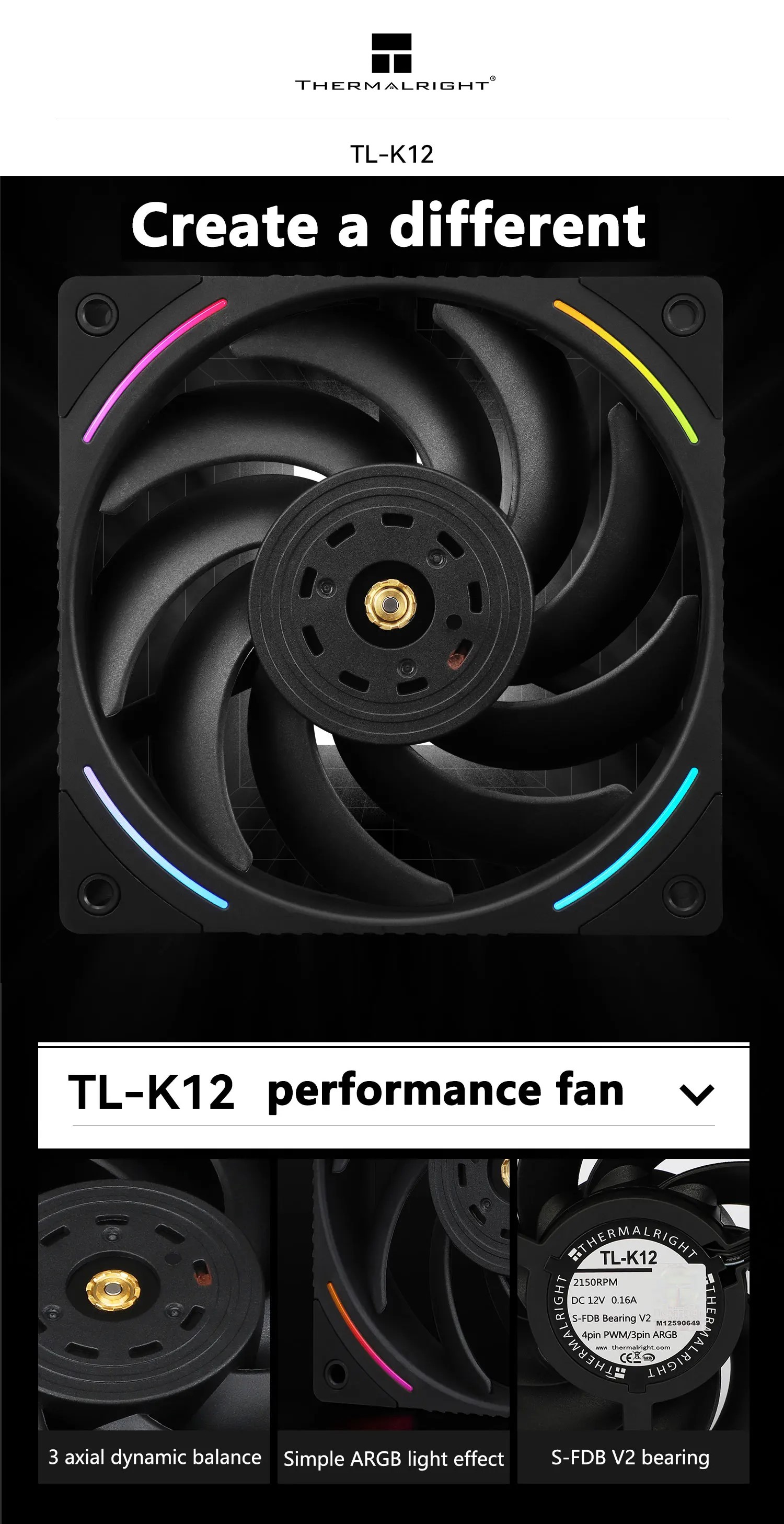 Thermalright TL-K12 ARGB Aperture 2150RPM CPU Case Fan 120mm Chassis Fan Cooler Fan 4pin PWM ...