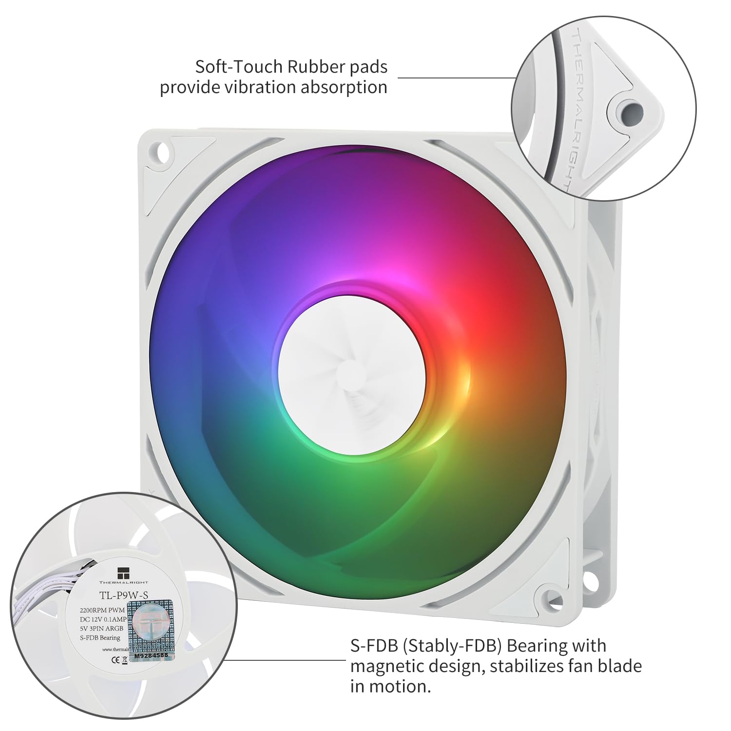 Thermalright TL-P9W-S ARGB White 92mm CPU Fan Computer Case Fan Quiet ...