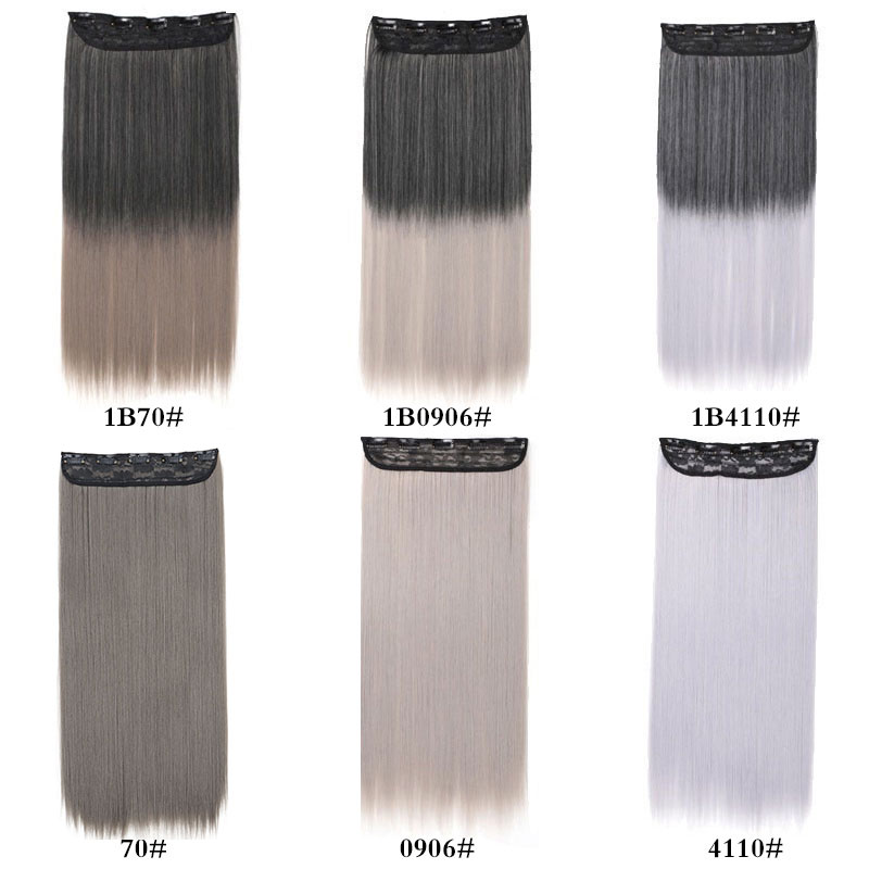 Ombre Gray Clip Hair Extensions Synthetic Straight Hairpiece Clip-in ...