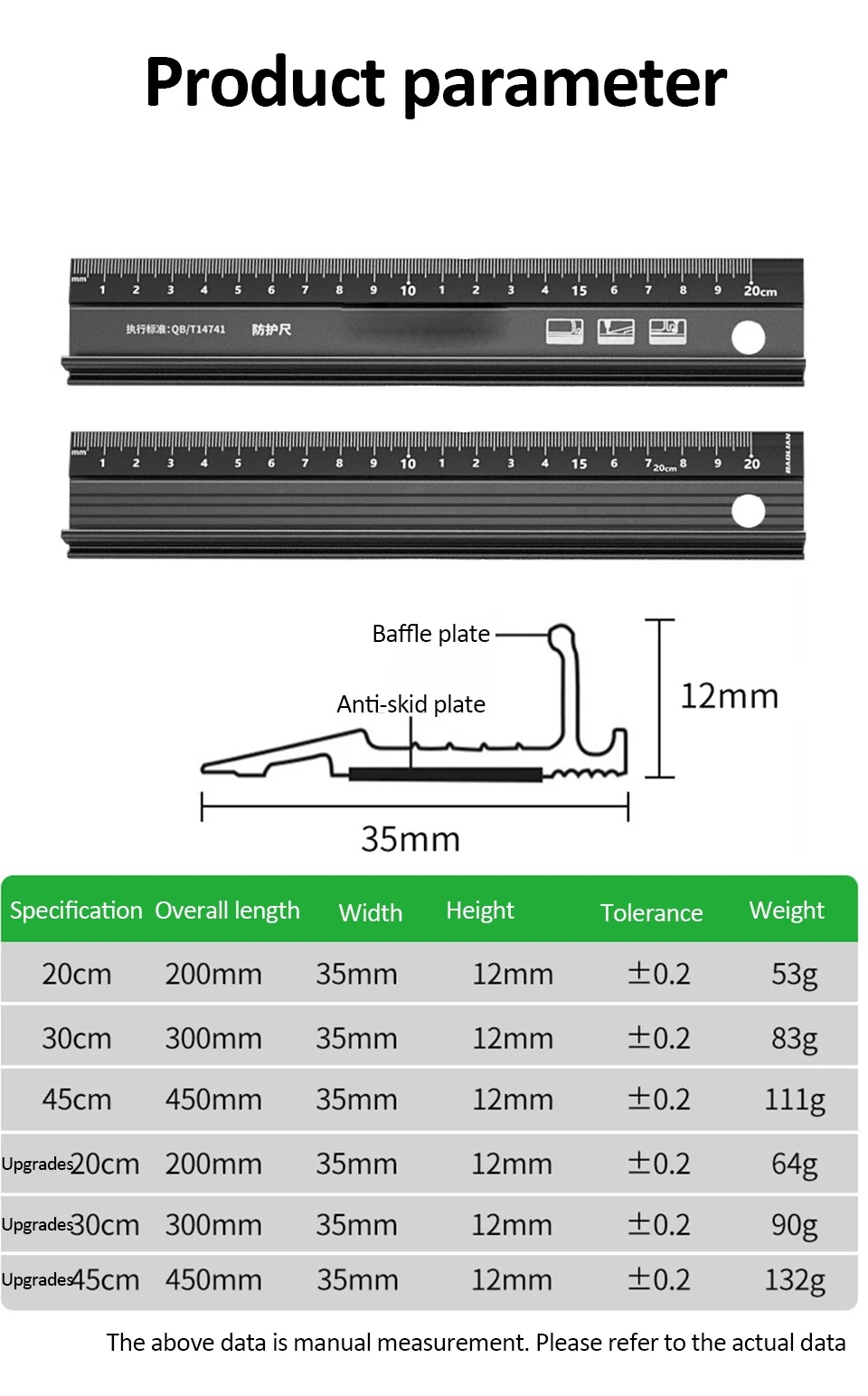20/30/45cm Multi-functional Aluminum Alloy Protective Straight Ruler ...
