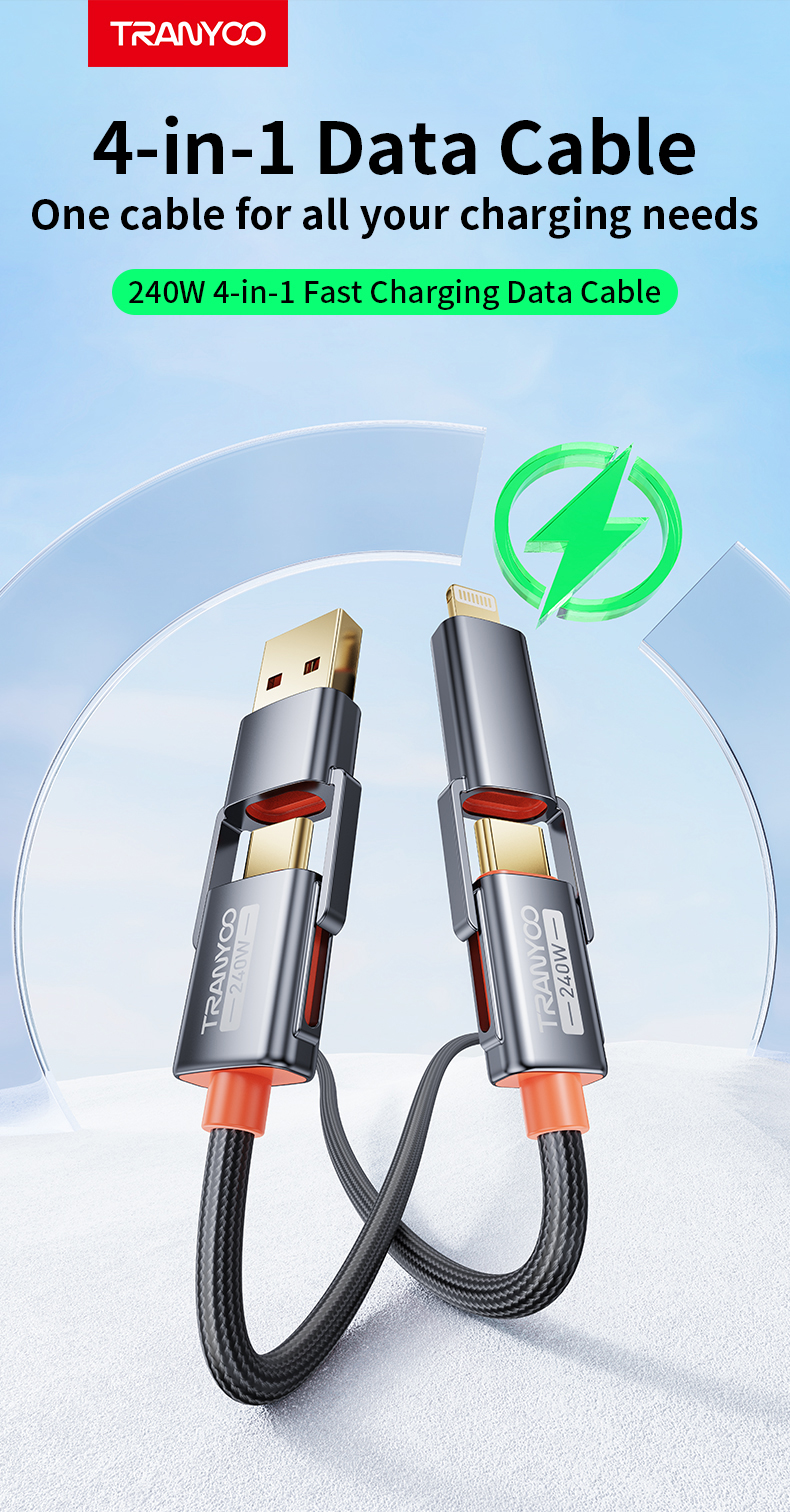 Tranyoo XS10 240W 4-in-1 Fast Charging Data Cable USB Type-C to Iph ...