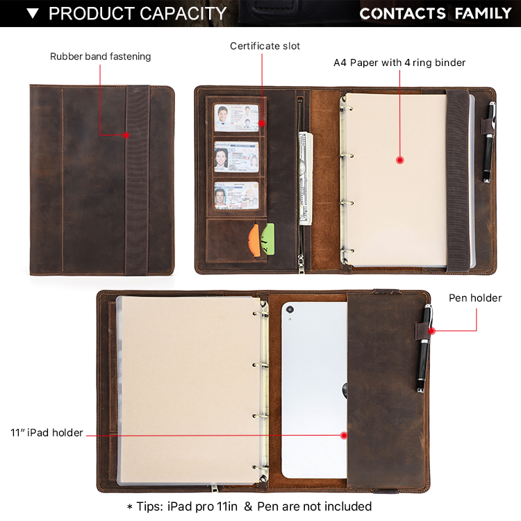CONTACTS FAMILY Vintage A4 Notebook Leather Cover Rubber Band Fastening ...