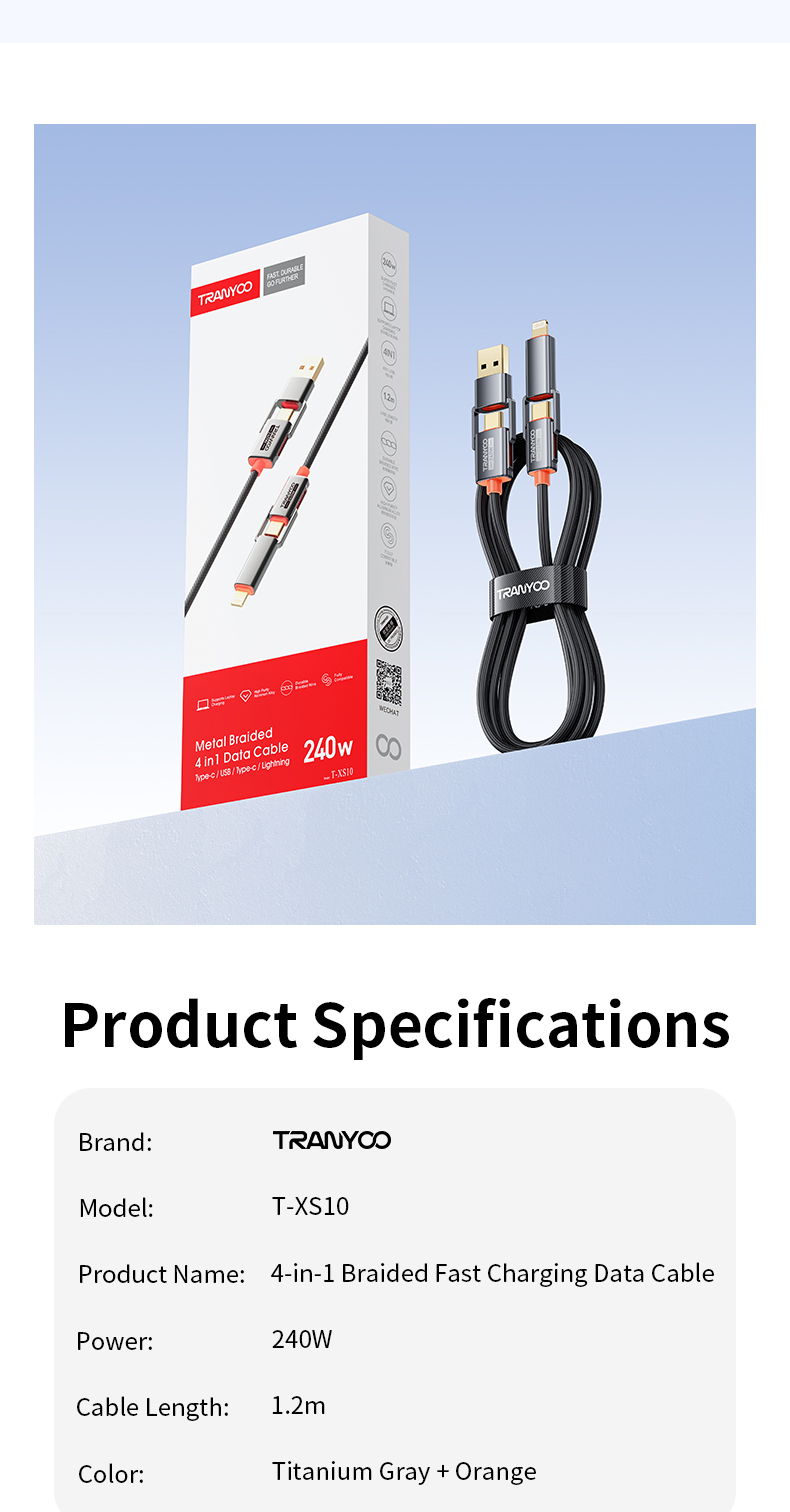Tranyoo XS10 240W 4-in-1 Fast Charging Data Cable USB Type-C to Iph ...
