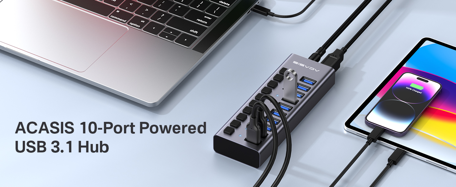 ACASIS 10 Ports Powered USB Hub USB3.1 Data Hub with Individual On/Off ...