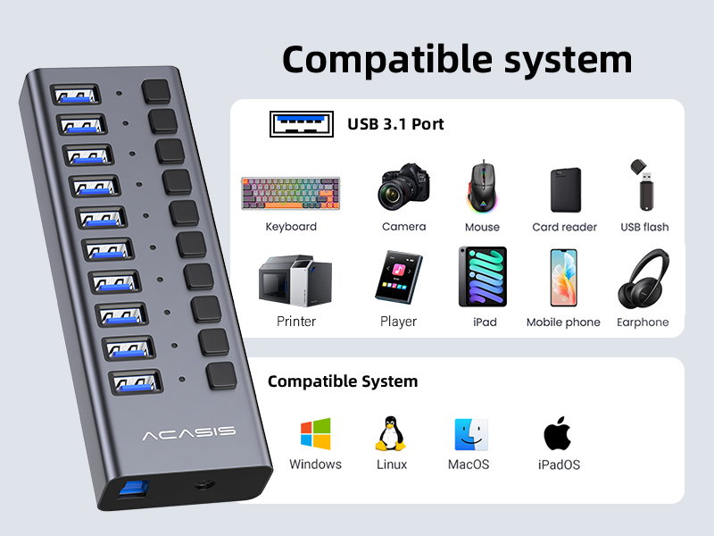 ACASIS 10 Ports Powered USB Hub USB3.1 Data Hub with Individual On/Off ...