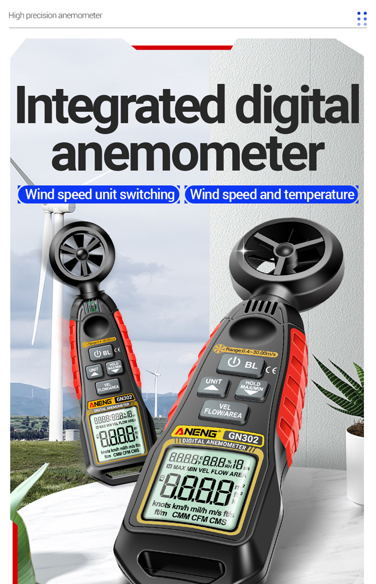 ANENG GN302 Handheld Anemometer 9999 Count Digital 0.4~30.00m/s Wind Speed Meter -20.0C~60.0C ...