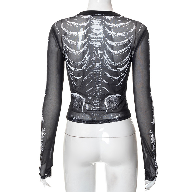 Retro Gothic Punk Women Long Sleeve Crop Top Skeleton Pattern Round ...