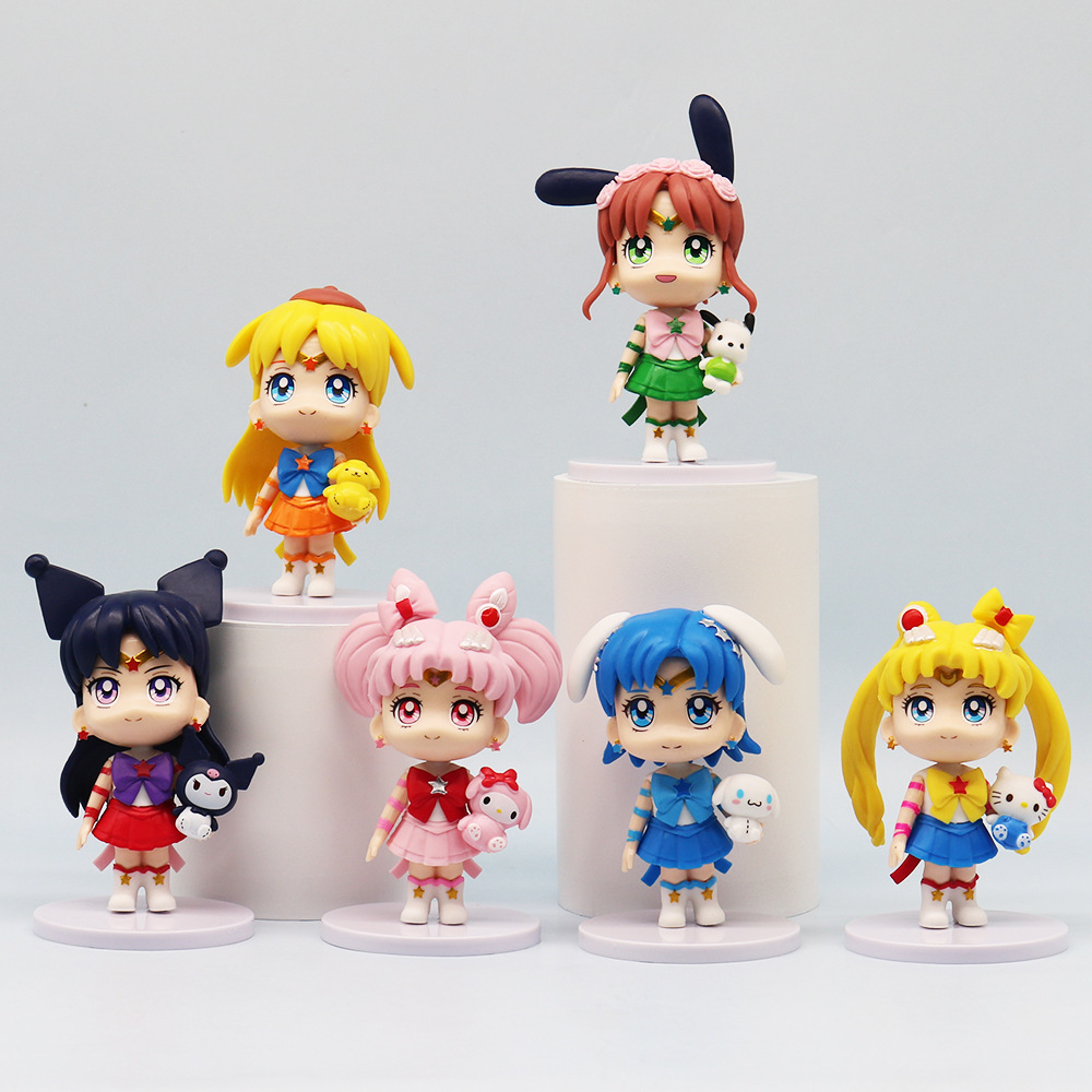6Pcs/Set 11cm Anime Sailor Moon Figure Tsukino Usagi Hello Kitty Chibi ...
