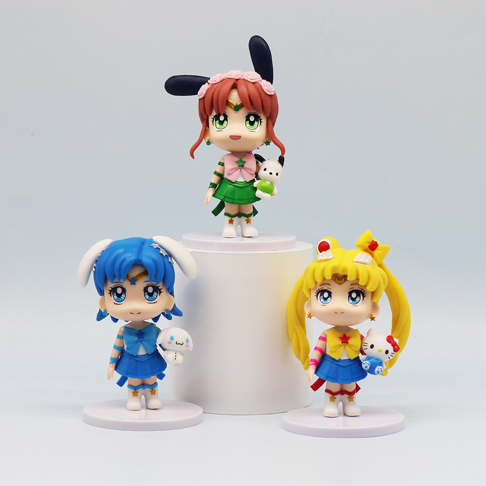 6Pcs/Set 11cm Anime Sailor Moon Figure Tsukino Usagi Hello Kitty Chibi ...