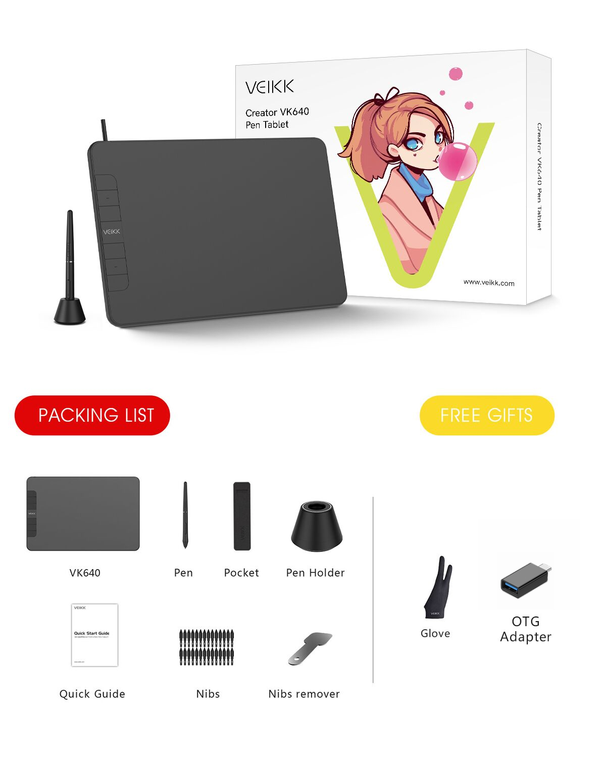 VEIKK VK640 Drawing Tablet Pen Tablet 6x4 Inch Support Android Phone ...