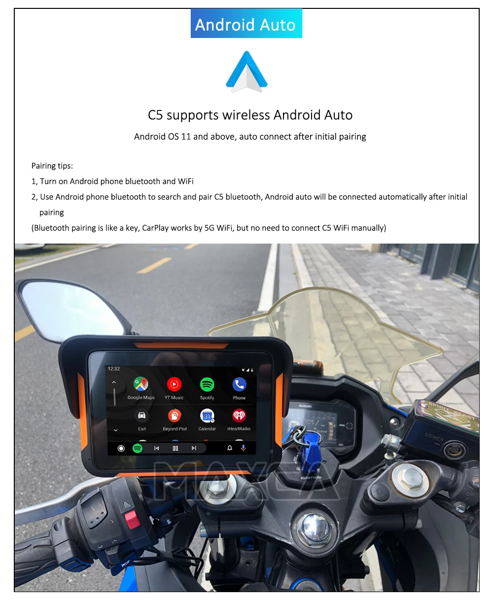 New C5 Motorcycle TPMS Monitor with Wireless CarPlay Android Auto ...