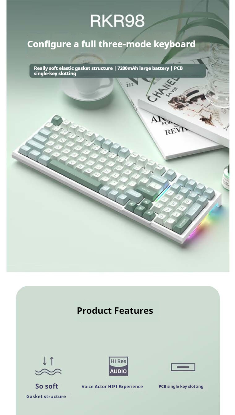 RK R98 3-mode Mechanical Keyboard Wireless 2.4G Bluetooth wired customized Gasket Hot-swappable ...