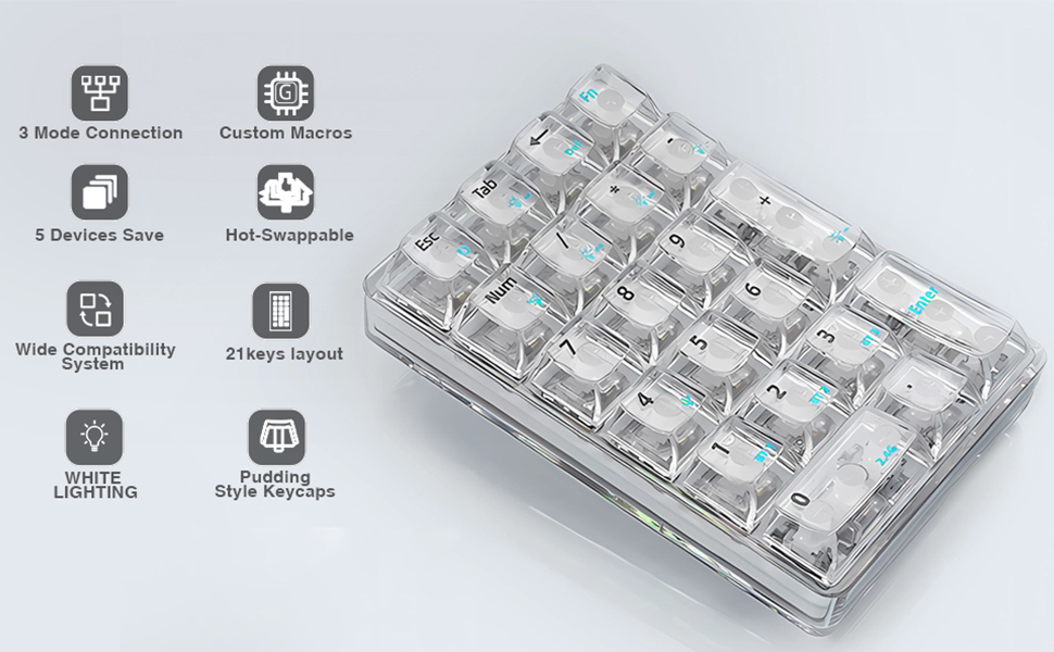 AULA F21 Wireless Numeric Keypad White Backlight Transparent Numeric ...