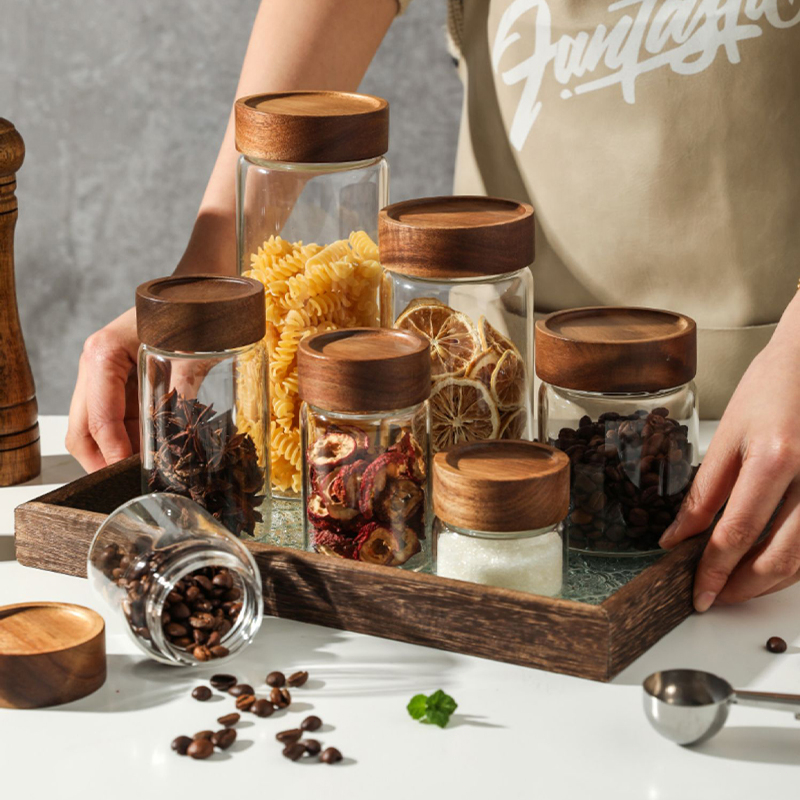 Acacia Wood Storage Jar Lid in Screw Cap Airtight Glass Jar Food ...