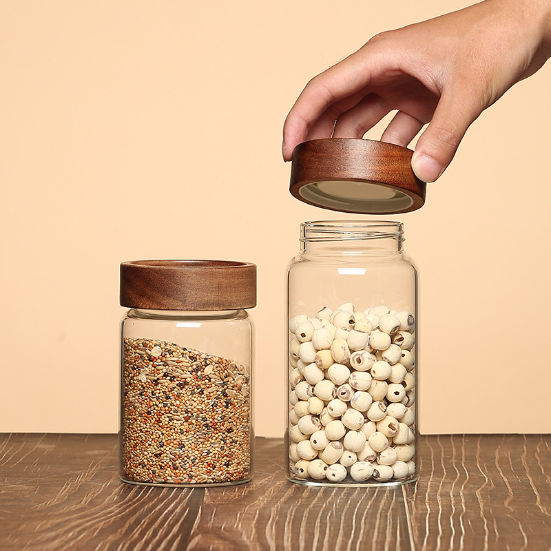 Acacia Wood Storage Jar Lid in Screw Cap Airtight Glass Jar Food ...