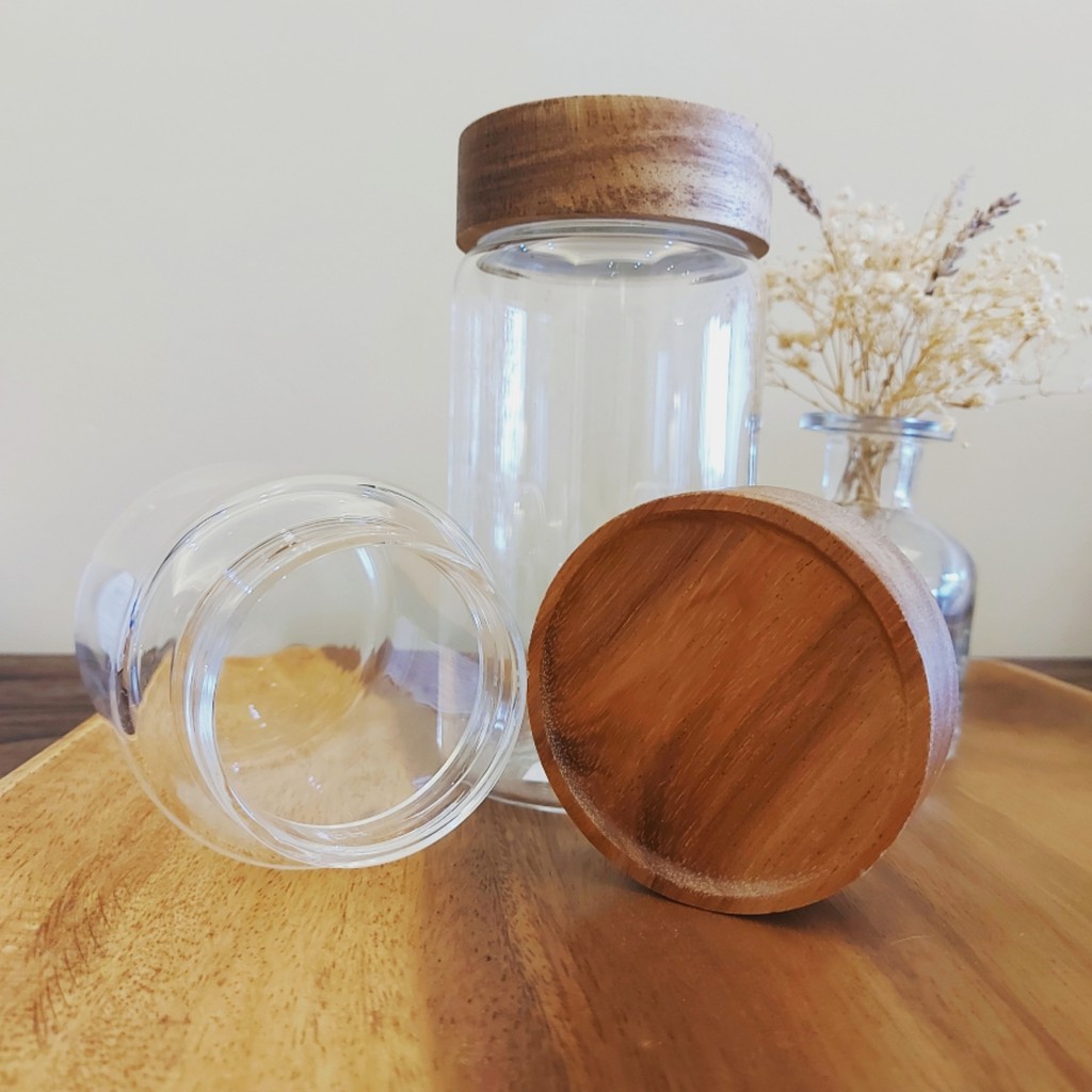 Acacia Wood Storage Jar Lid in Screw Cap Airtight Glass Jar Food ...
