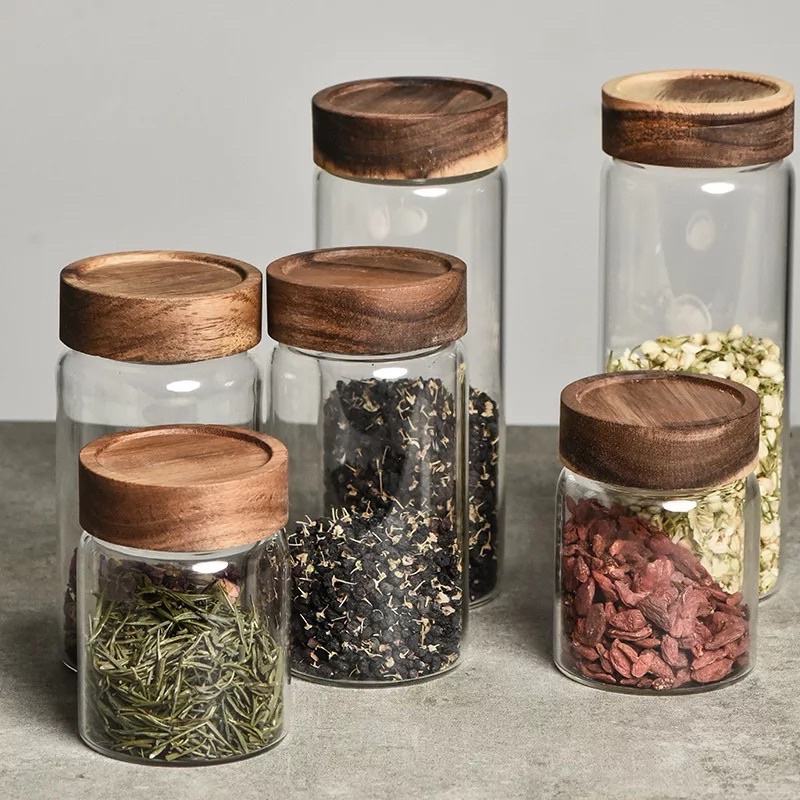 Acacia Wood Storage Jar Lid in Screw Cap Airtight Glass Jar Food ...