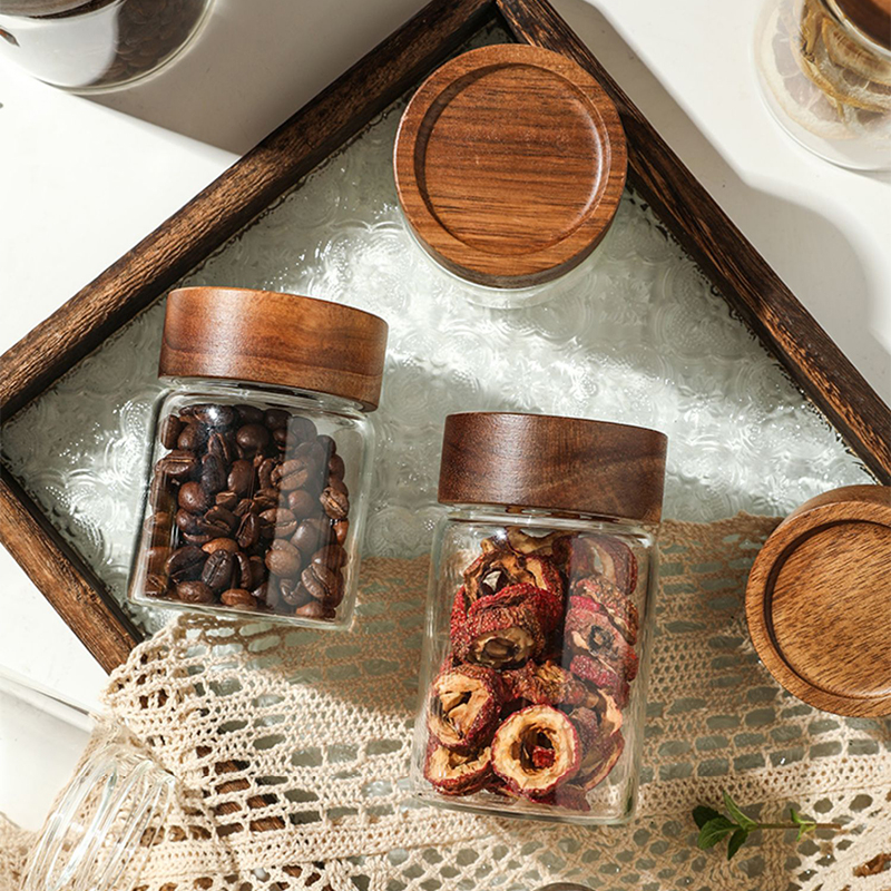 Acacia Wood Storage Jar Lid in Screw Cap Airtight Glass Jar Food ...