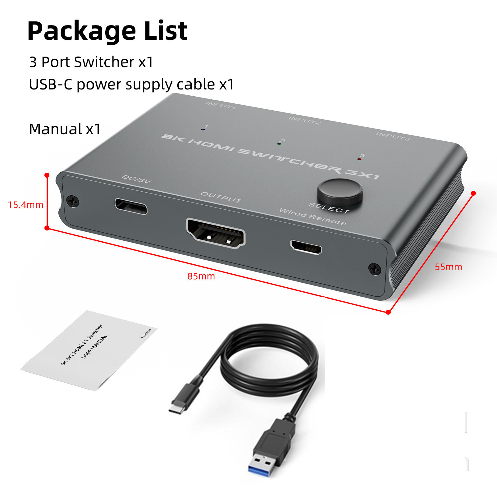 8K Display Port Switch 3 in 1 Out DP Switches Splitter Selector Box with Button Support 8K@60Hz ...