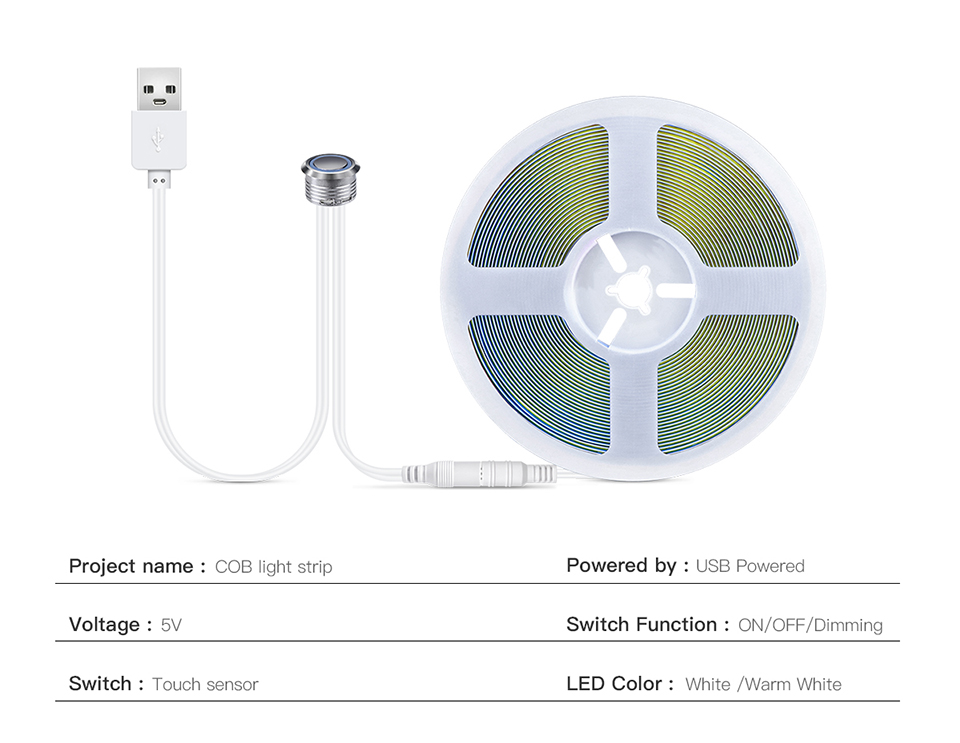 Touch Sensor Dimmable COB LED Strip Light USB 5V Recessed Touch Switch ...