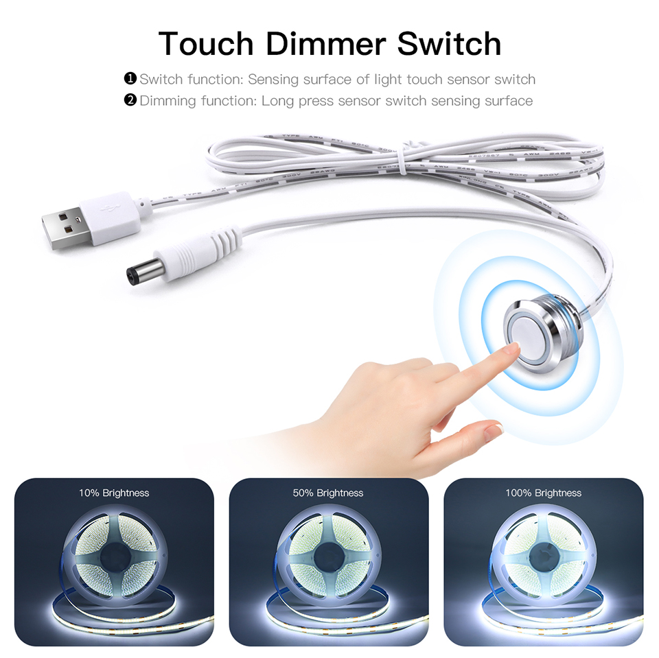 Touch Sensor Dimmable COB LED Strip Light USB 5V Recessed Touch Switch ...