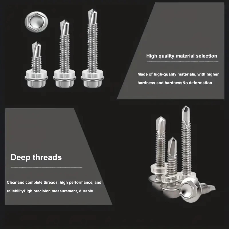 100Pcs 410 Stainless Steel Self-Drilling TEK Screws, #12 Hex Head Self-Drilling Screws, for ...